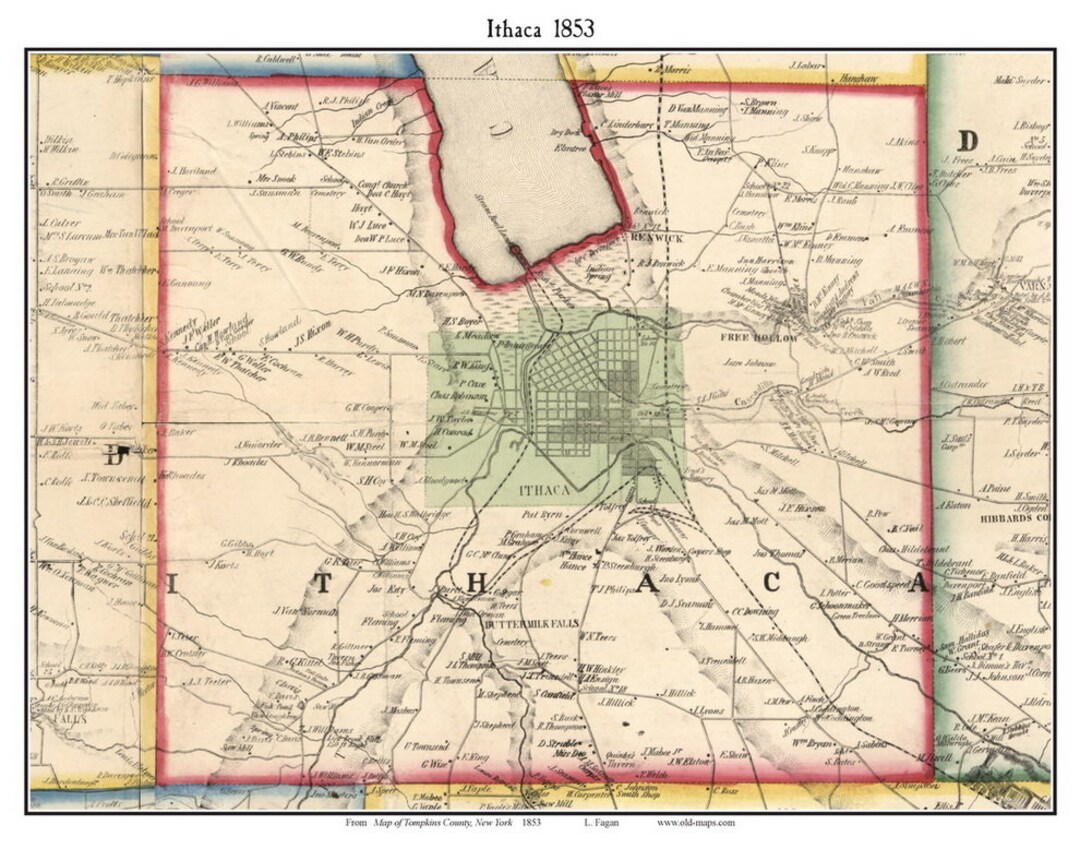 Ithaca 1853 Old Town Map With Homeowner Names New York Cayuga Lake ...