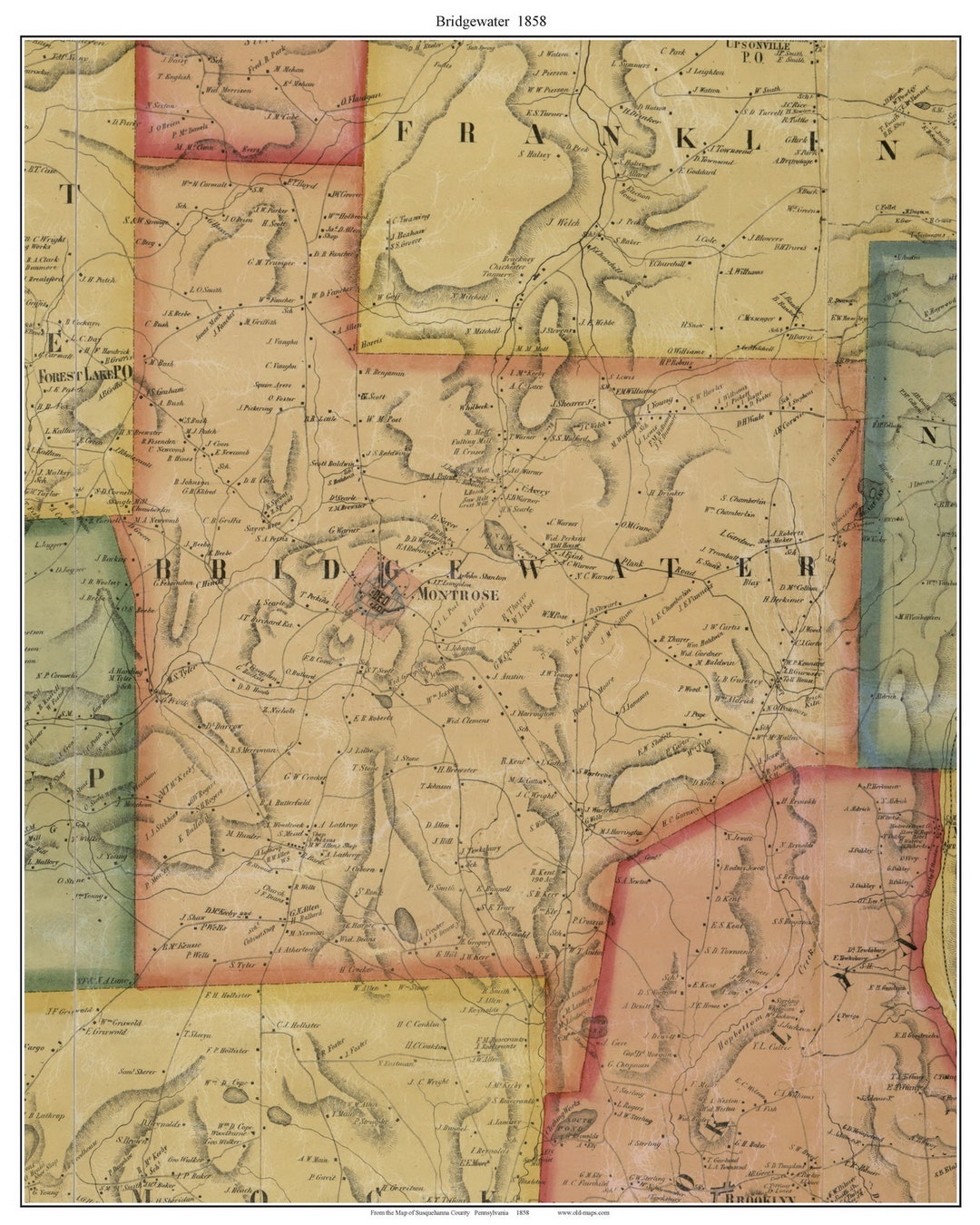 Bridgewater 1858 Old Town Map With Homeowner Names Montrose Borough ...