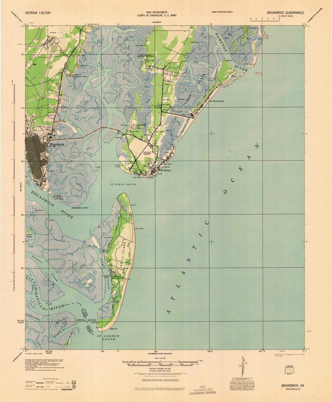 Brunswick 1945 Old Topo Map - St Simon Sound - Jekyll Island - Quad ...