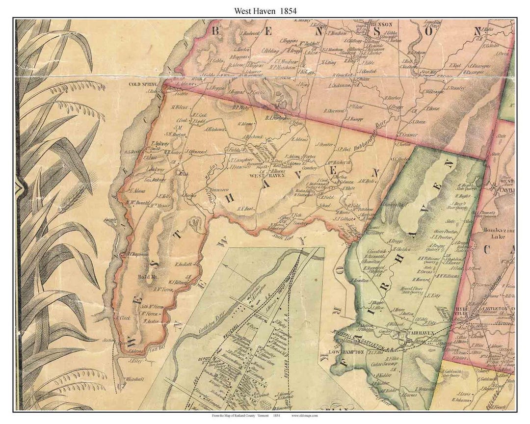 West Haven 1854 Old Town Map With Homeowner Names - Vermont - Rutland ...