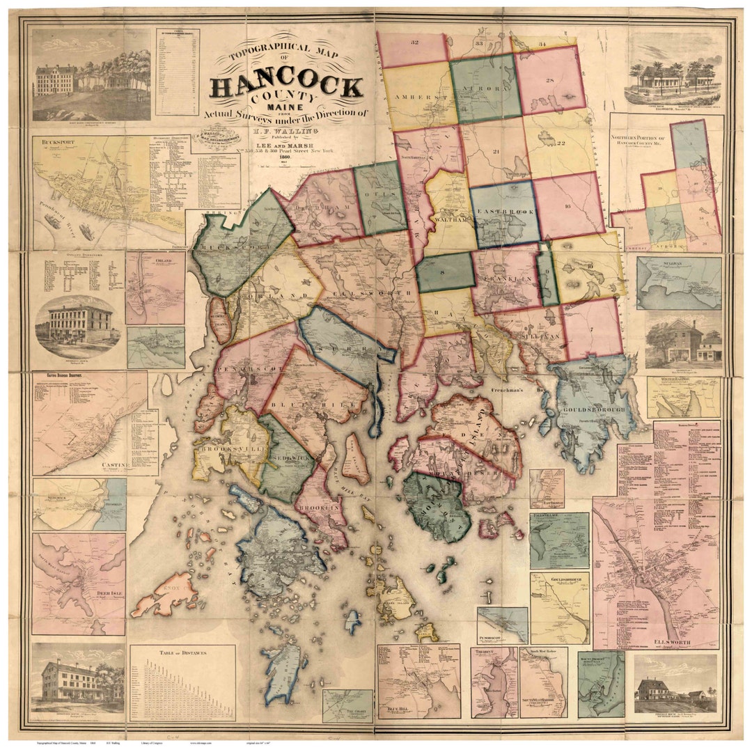Hancock County Maine 1860 - Old Wall Map Reprint With Homeowner Names ...