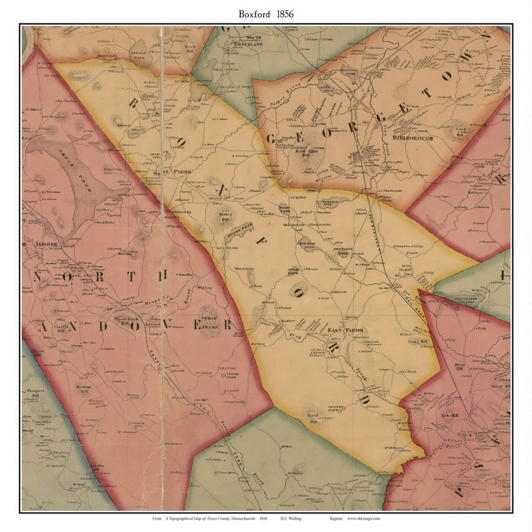 Boxford Massachusetts 1856 Old Town Map With Homeowner Names - Reprint ...