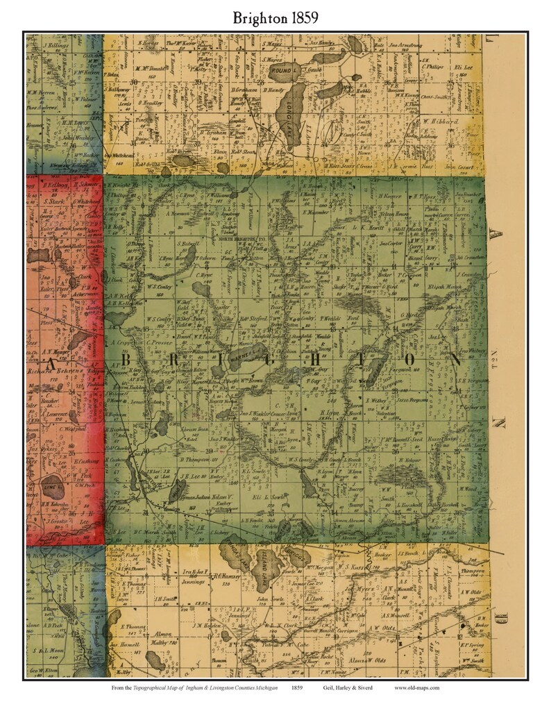 Brighton 1859 Old Town Map With Homeowner Names Michigan - Etsy