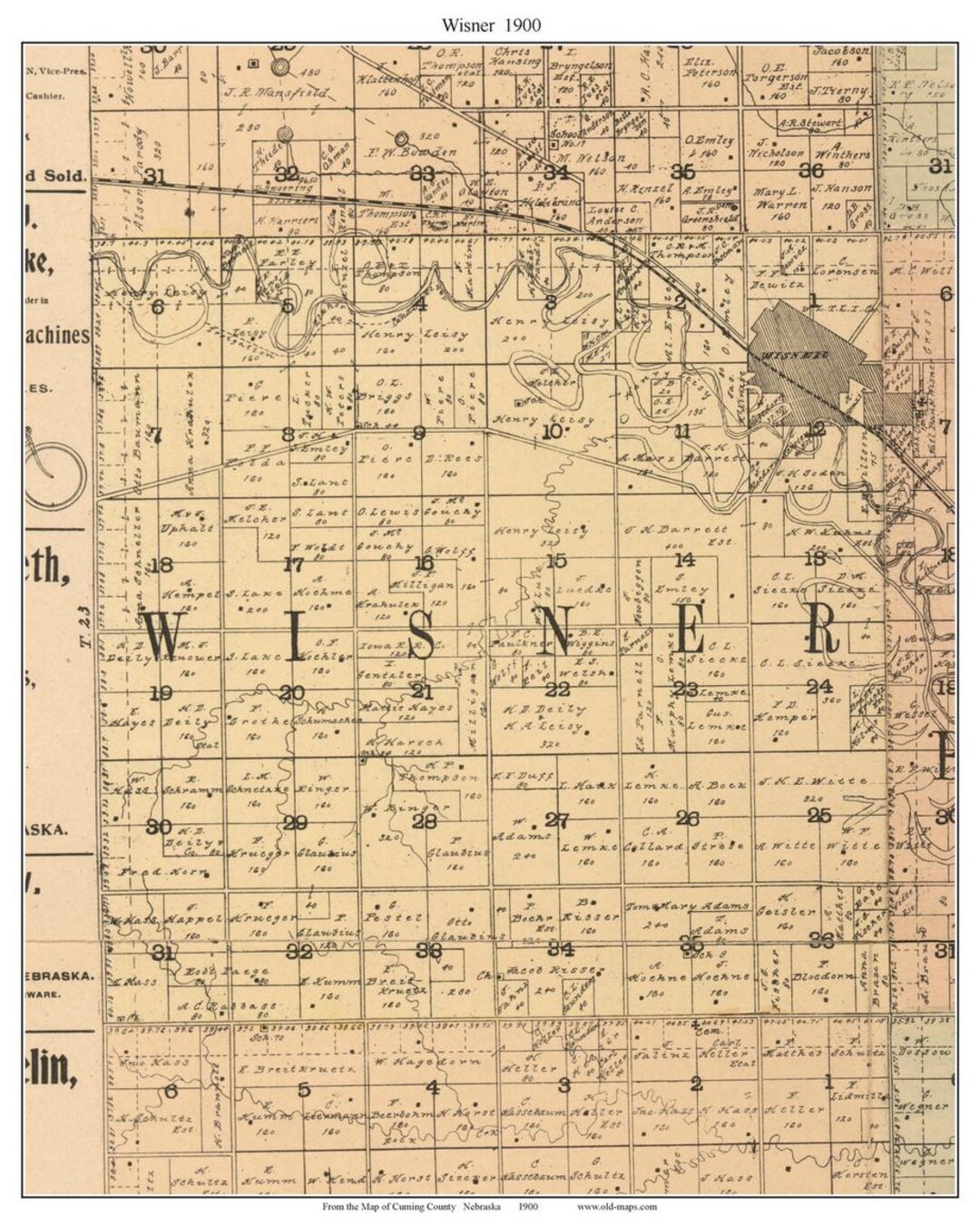 Wisner 1900 Old Town Map With Homeowner Names - Nebraska - Reprint ...