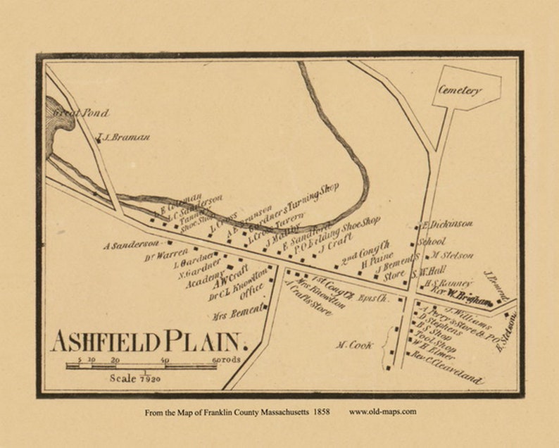 Ashfield Plain 1858 Old Town Map With Homeowner Names - Massachusetts ...