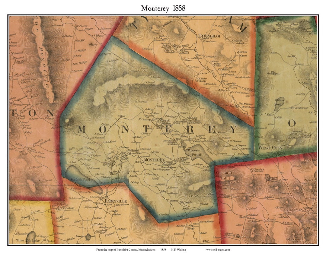Monterey 1858 Old Town Map With Homeowner Names Massachusetts Reprint ...