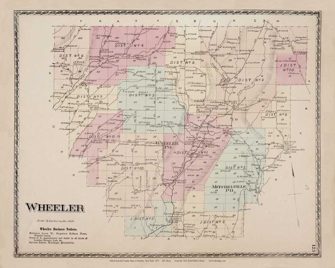 Wheeler 1873 Map Homeowner Names Reprint Steuben Co Beers Atlas New ...