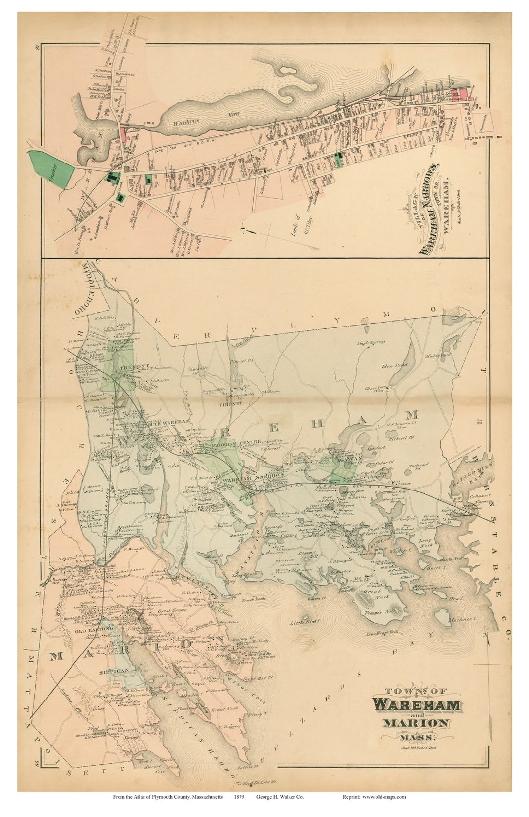 Wareham & Marion - 1879 - Old Town Map Reprint - Wareham Narrows ...