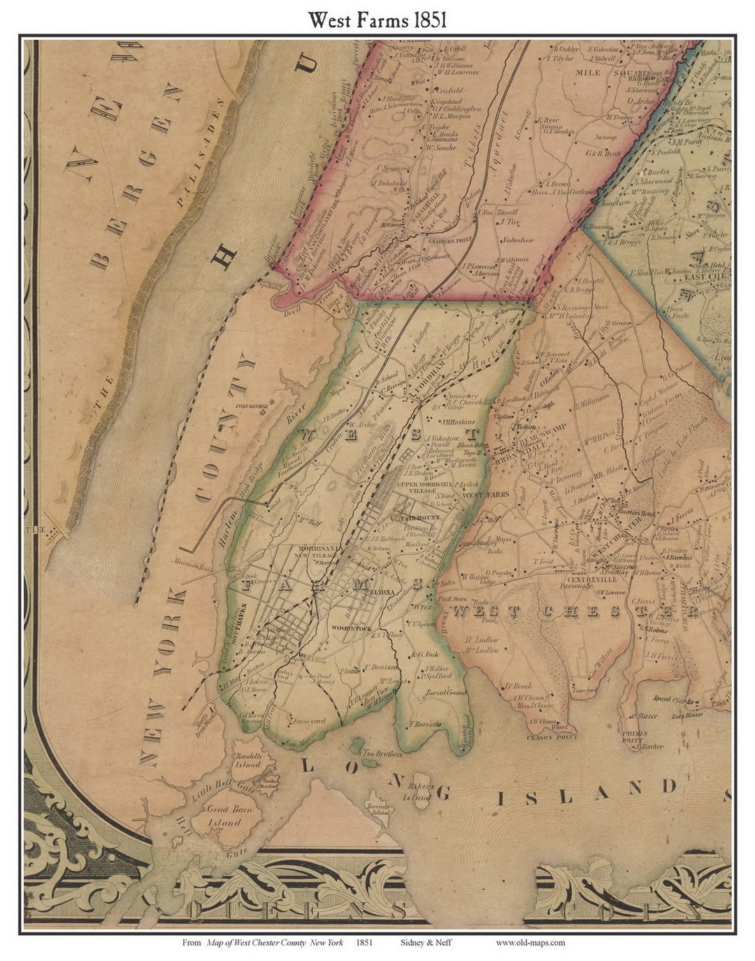West Farms 1851 Old Town Map - With Homeowner Names New York Reprint ...