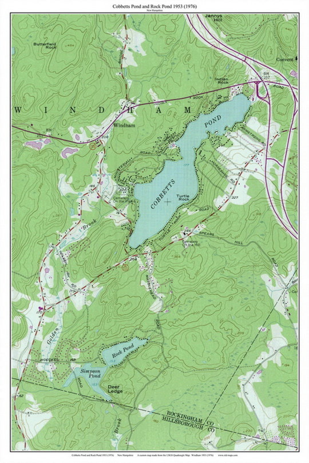 Cobbetts Pond & Rock Pond 1953-1976 Old Topographic Map Windham Simpson ...