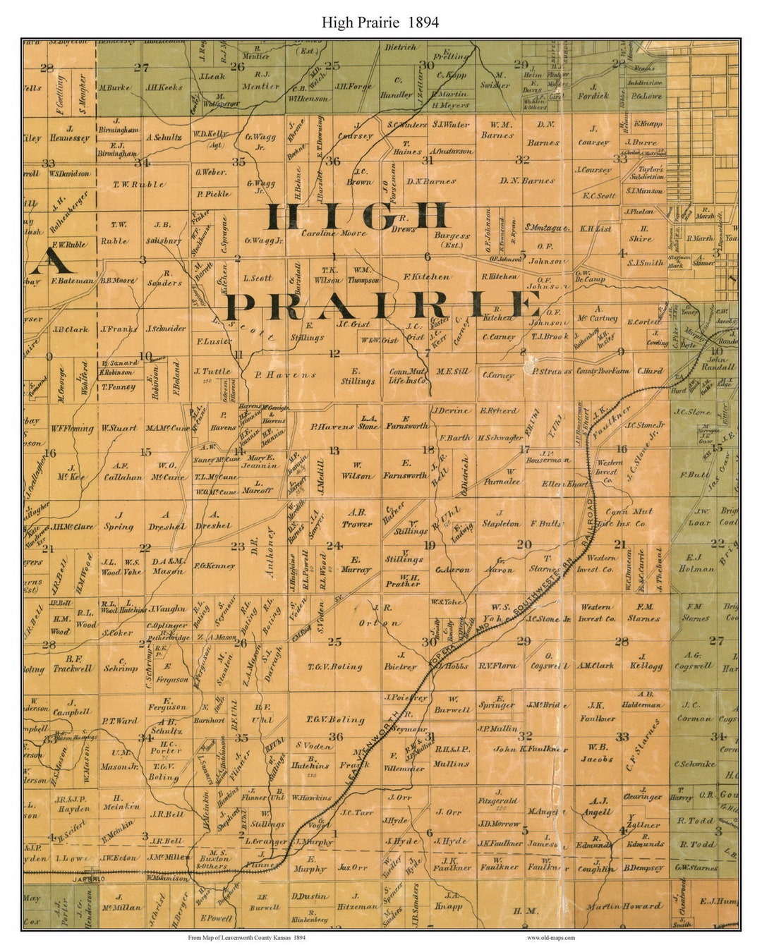 High Prairie 1894 Old Town Map With Homeowner Names - Kansas - Reprint ...