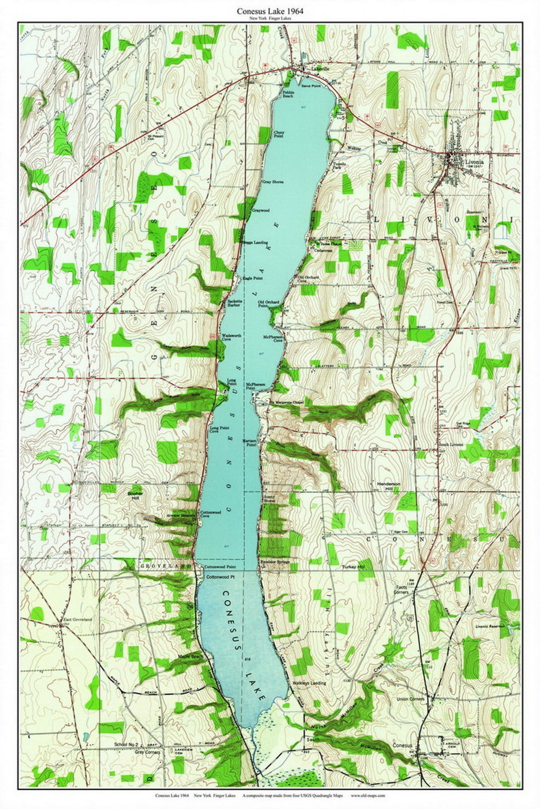 Conesus Lake - 1964 USGS Old Topographic Map Custom Composite Reprint ...