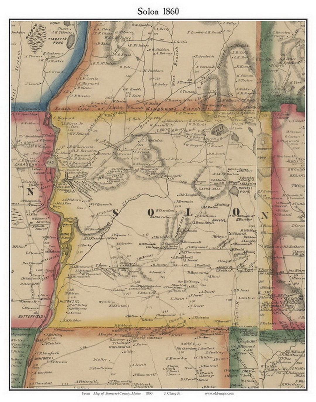 Solon 1860 Old Town Map With Homeowner Names Maine - Reprint Genealogy ...