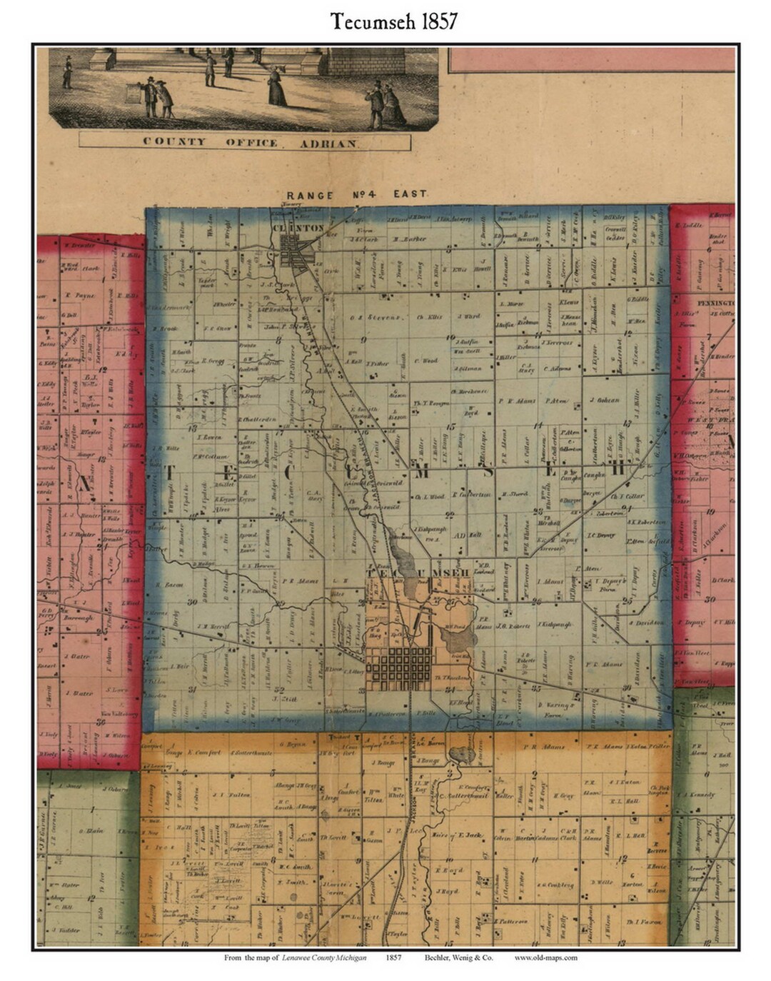 Tecumseh 1857 Old Town Map With Homeowner Names - Michigan - Reprint ...