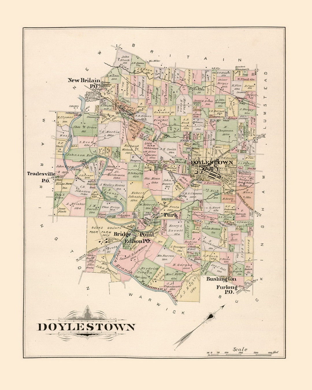 Doylestown 1891 Old Town Map With Homeowner Names Pennsylvania ...