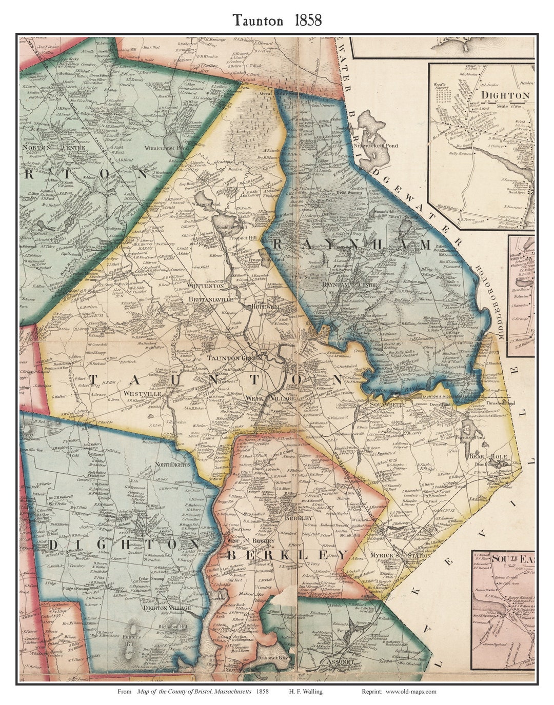 Taunton 1858 Old Town Map With Homeowner Names Massachusetts - Reprint ...