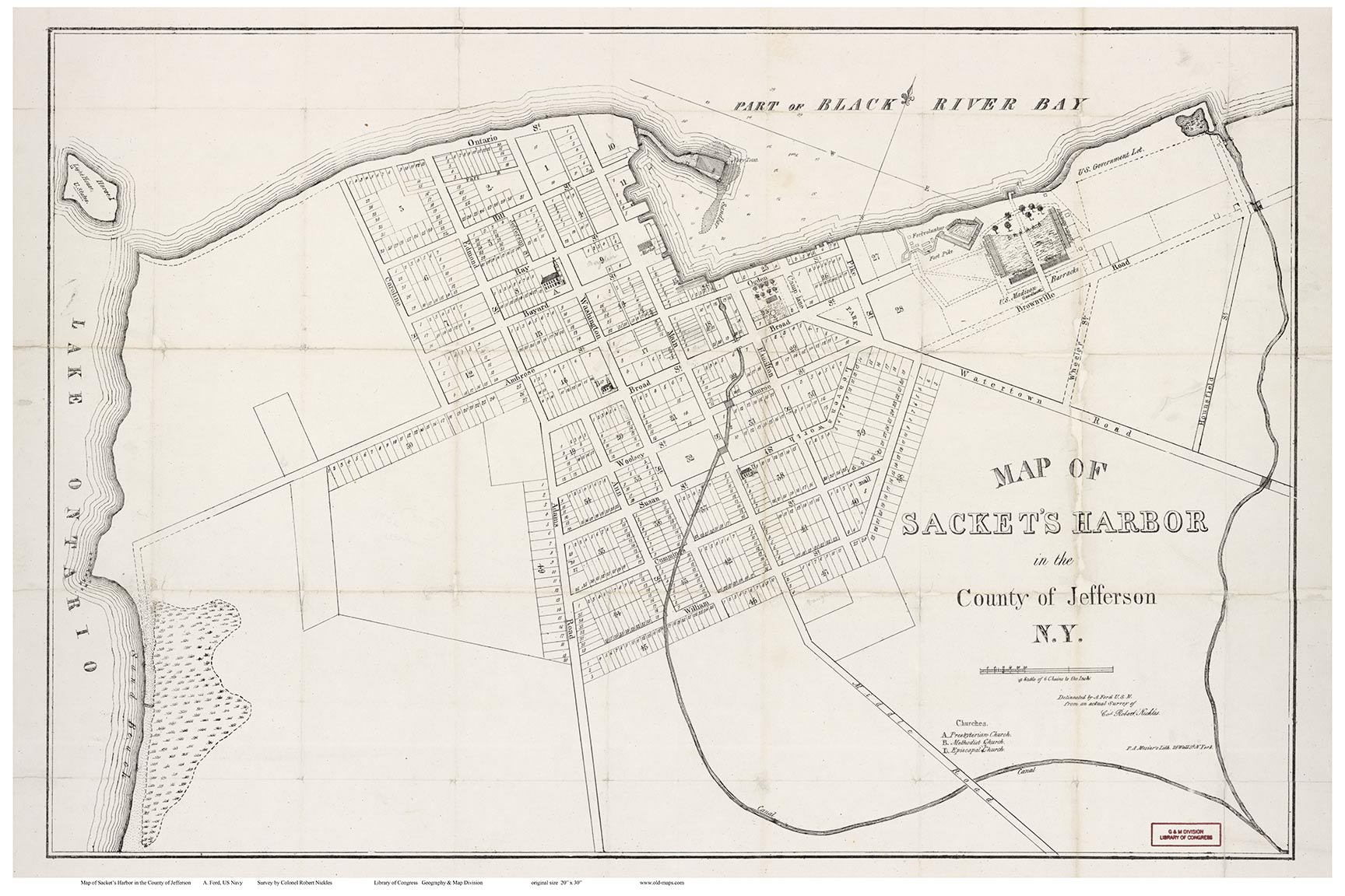 Sacketts Harbor New York Antique Map Reprint - 1835 - Sackets - US Navy ...
