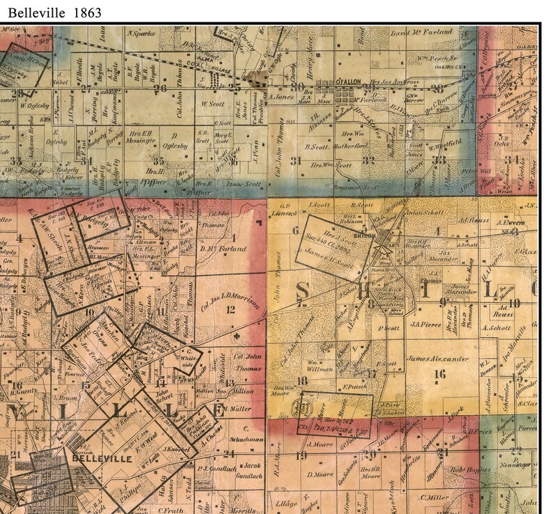 Belleville Illinois 1863 Old Town Map Custom Print Saint - Etsy