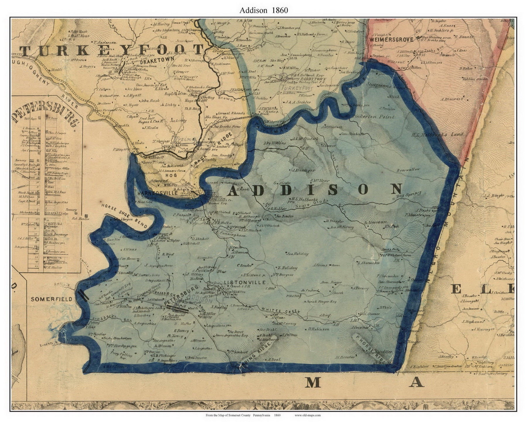 Addison 1860 Old Town Map With Homeowner Names Pennsylvania Reprint ...