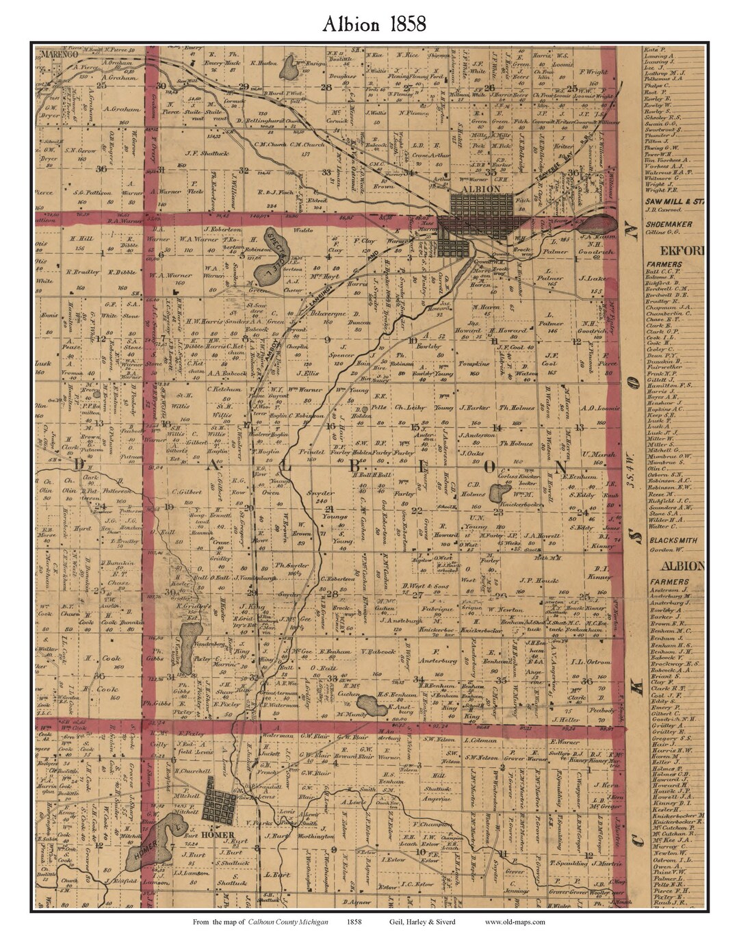 Albion 1858 Old Town Map With Homeowner Names - Spectacle Lake ...