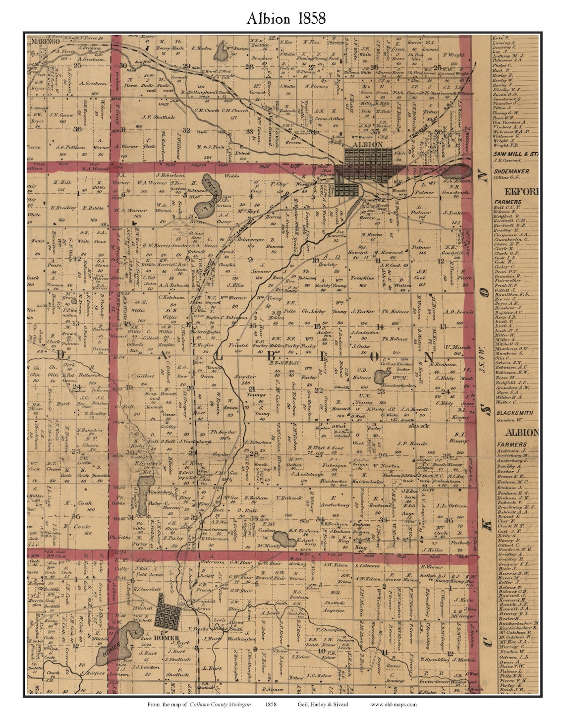 Albion 1858 Old Town Map With Homeowner Names - Spectacle Lake ...