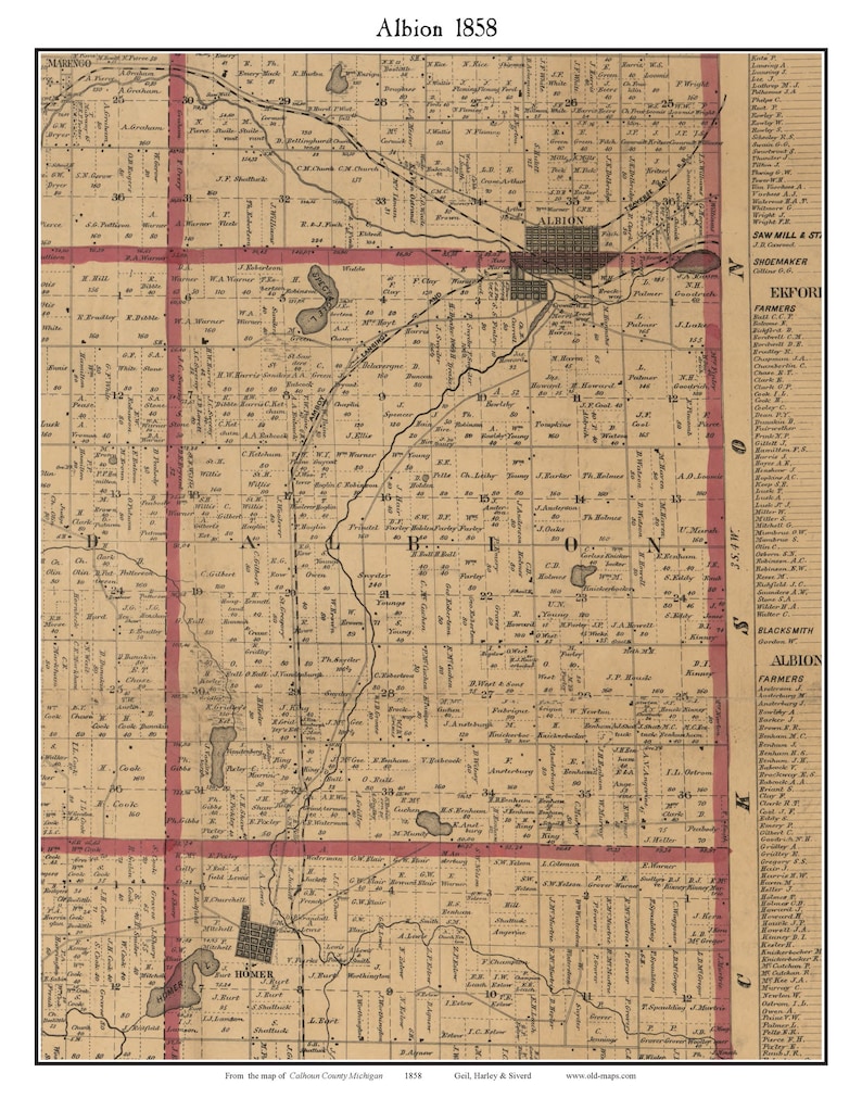 Albion 1858 Old Town Map With Homeowner Names - Spectacle Lake ...
