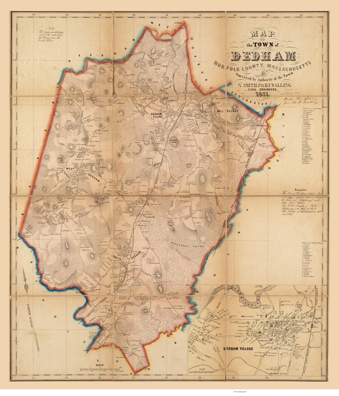 Dedham 1851 Old Town Map Homeowner Names Massachusetts Norfolk County Reprint Genealogy