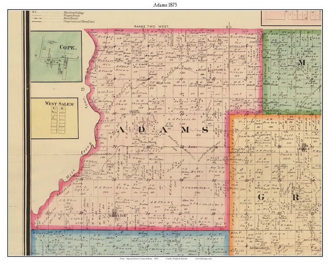 Adams 1875 Old Town Map With Homeowner Names Indiana Eminence - Reprint ...