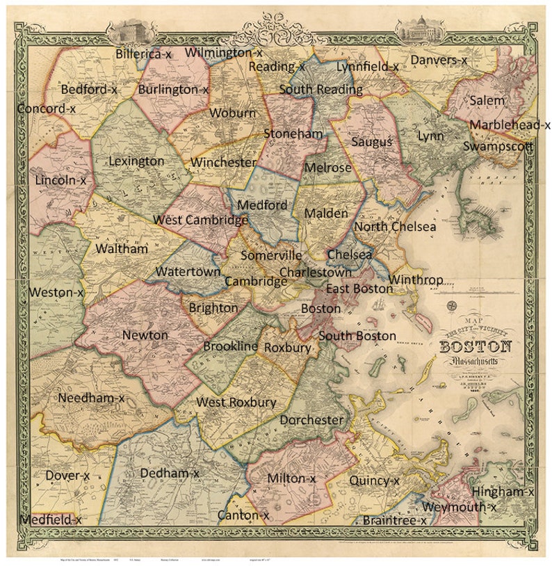 Boston & Vicinity 1852 Massachusetts County Old Wall Map With - Etsy