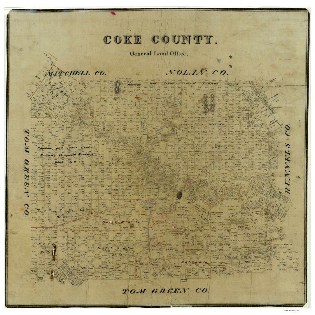 Coke County, Texas Ca. 1900 Old Wall Map Reprint With Land Owners Names ...