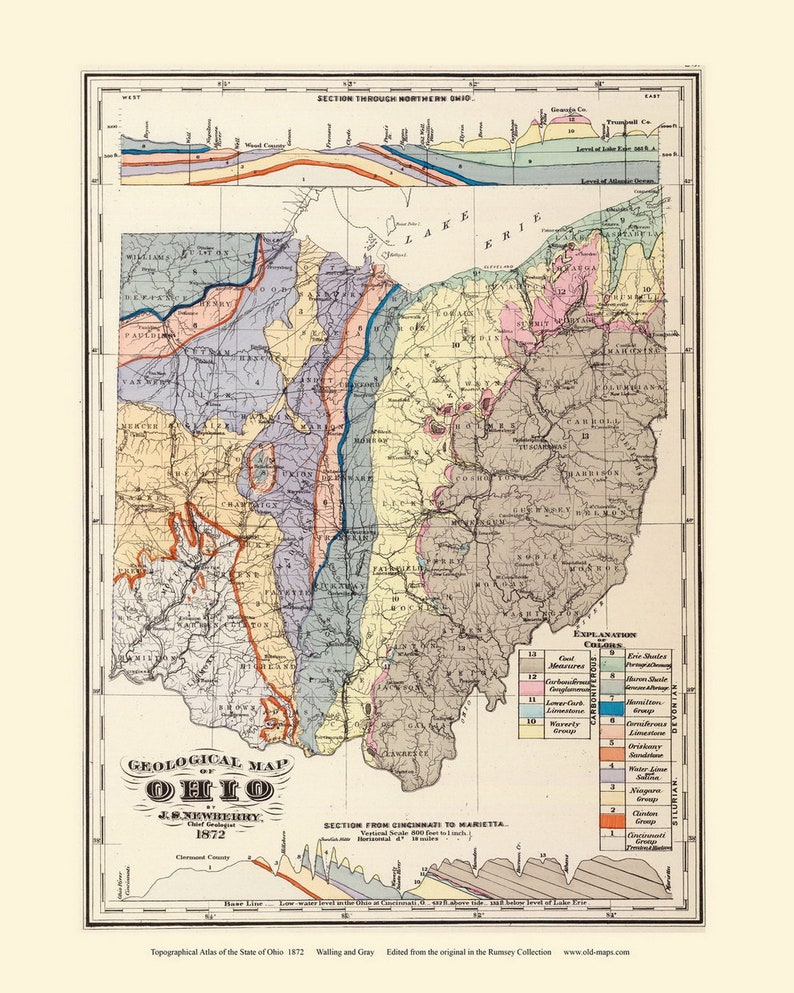 Ohio Geological 1872 Old State Map Reprint Ohio State Atlas - Etsy