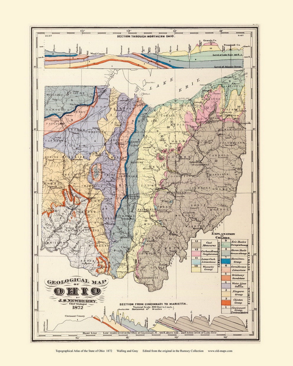 Ohio Geological 1872 Old State Map Reprint Ohio State Atlas - Etsy