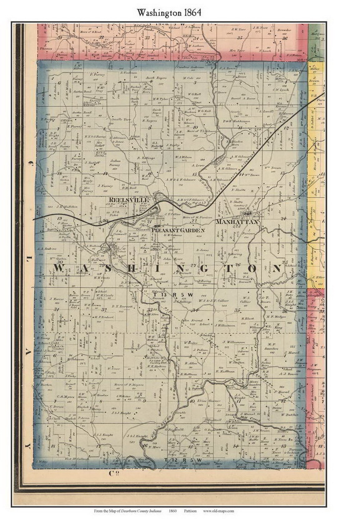 Washington 1864 Old Town Map With Homeowner Names Indiana Reelsville ...