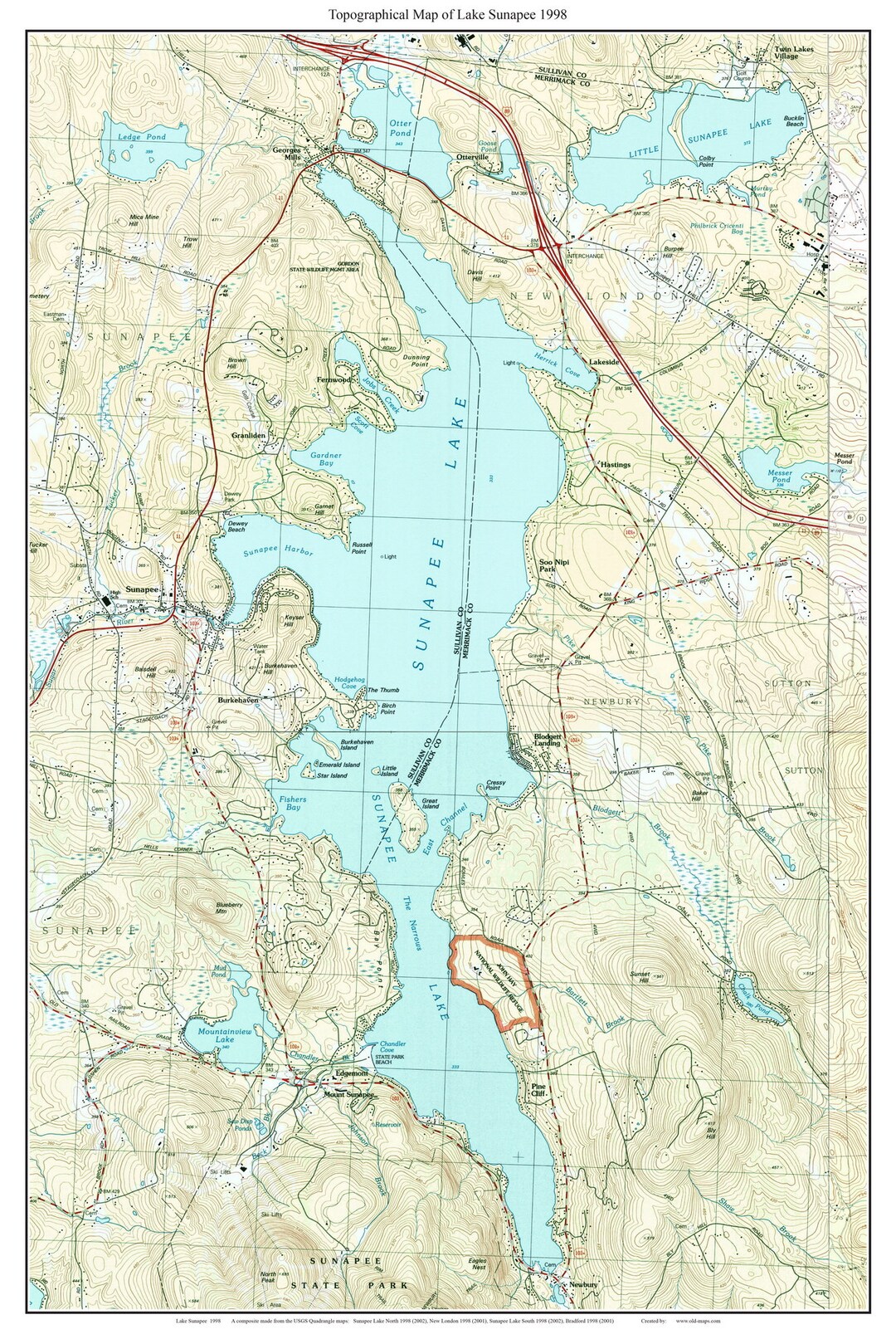 Lake Sunapee - Ca 1998 Old Topographic Map USGS Custom Composite ...
