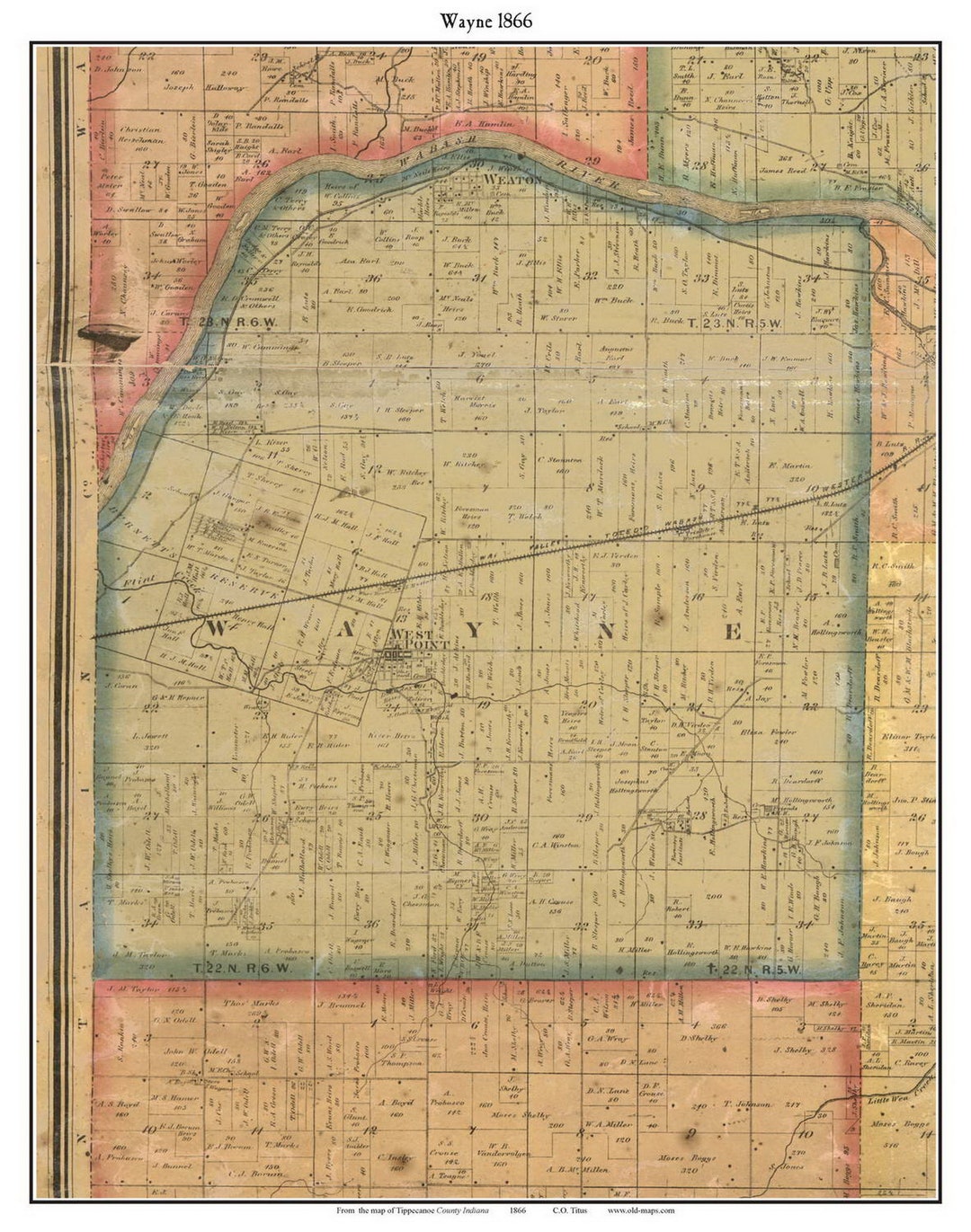 Wayne 1866 Old Town Map With Homeowner Names Indiana Weaton West Point ...