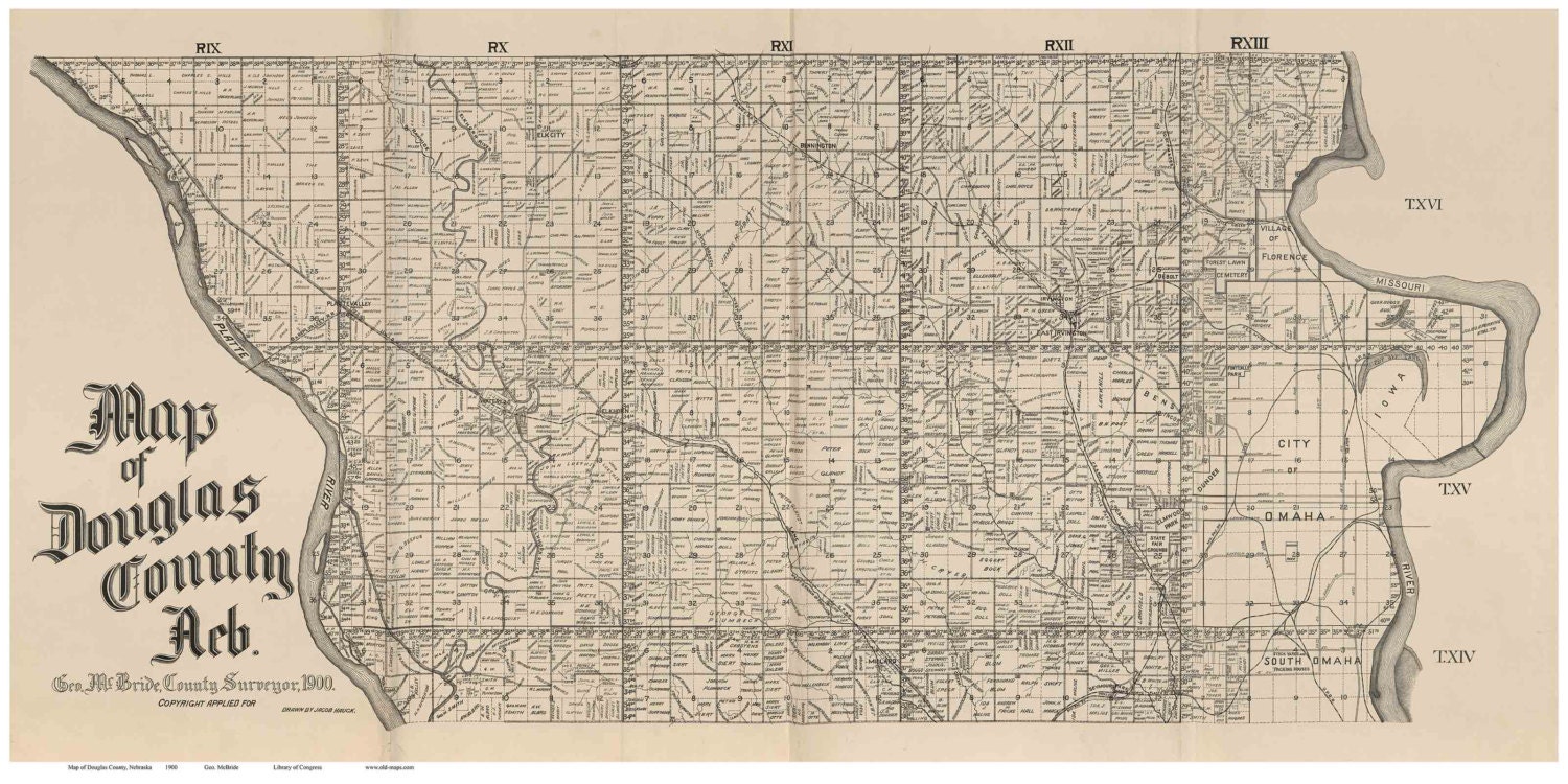 Douglas County Nebraska 1900 - Old Wall Map Reprint With Landowner ...