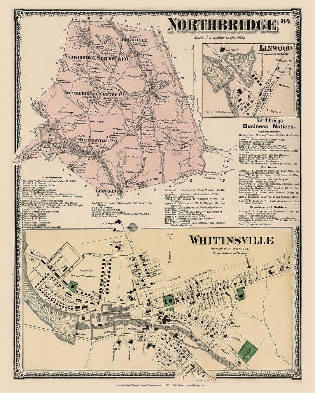 Northbridge 1870 Whitinsville Linwood Old Town Map With Homeowner Names ...
