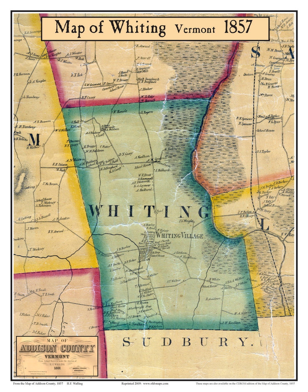 Whiting 1857 Old Town Map With Homeowner Names Vermont Reprint Addison ...