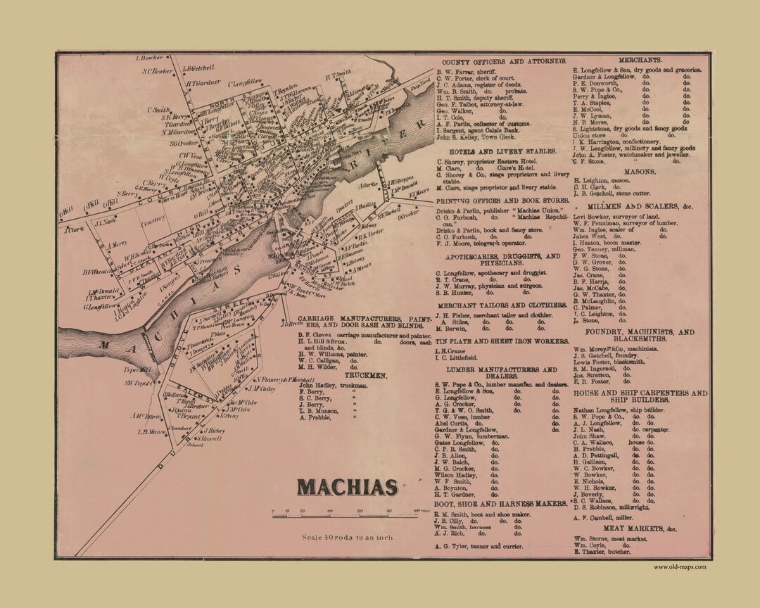 Machias Village 1861 Old Town Map With Homeowner Names Maine - Reprint ...