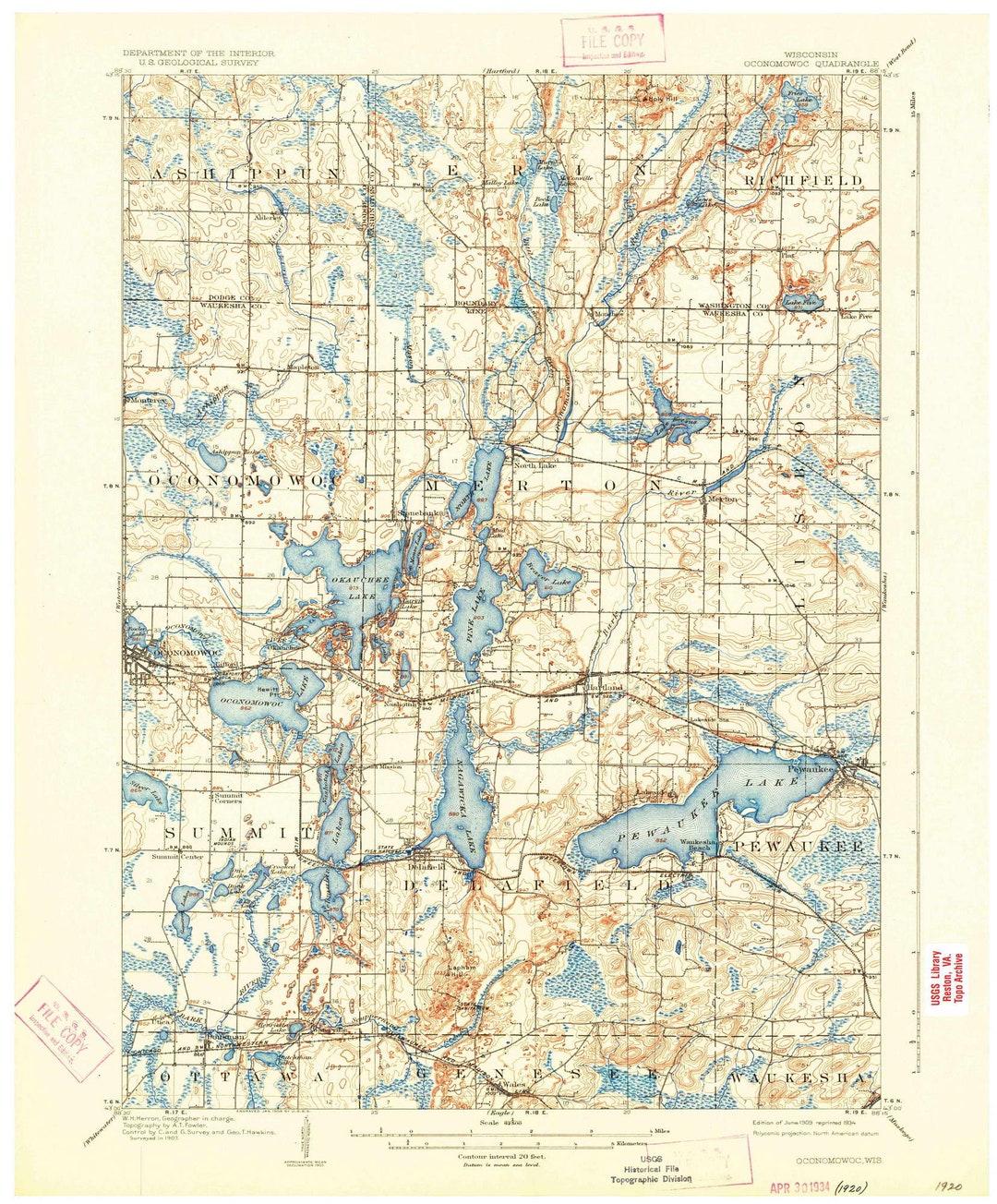 Oconomowoc 1909 (1934) Old Topo Map - Pewaukee Lake - Quad Reprint ...