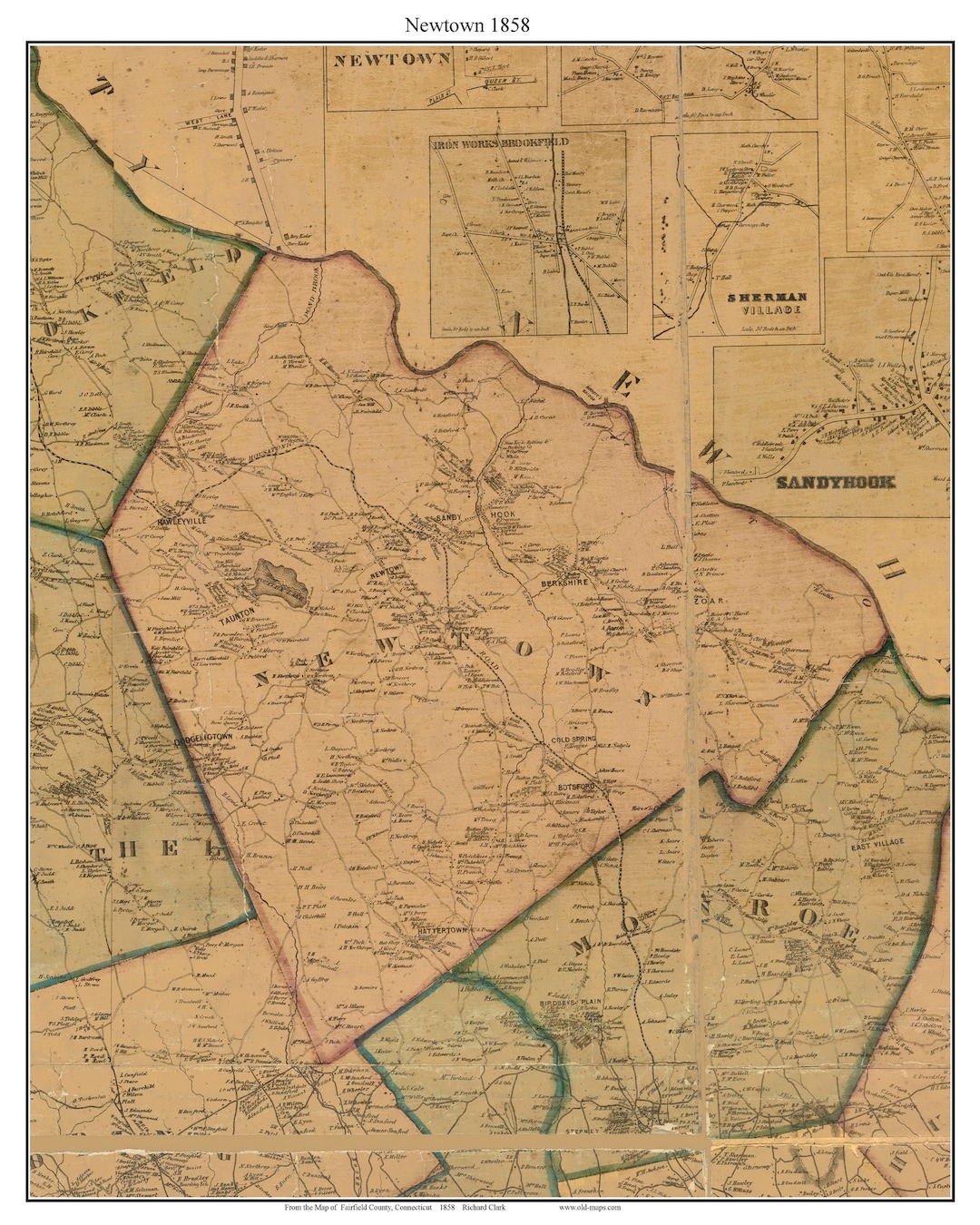 Newtown Connecticut 1858 Old Town Map With Homeowner Names - Reprint ...