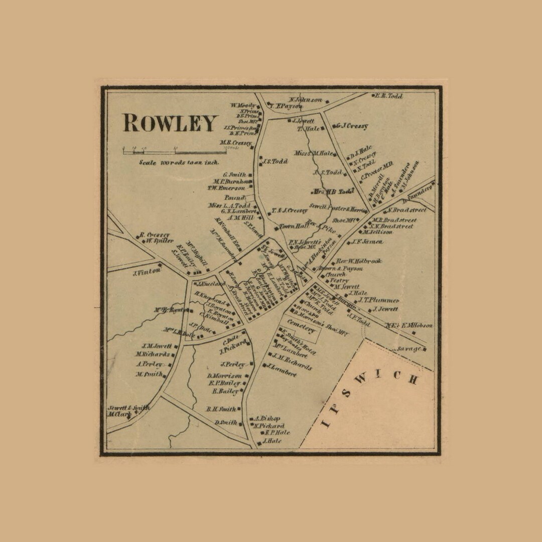 Rowley Village Massachusetts 1856 Old Town Map With Homeowner Names ...