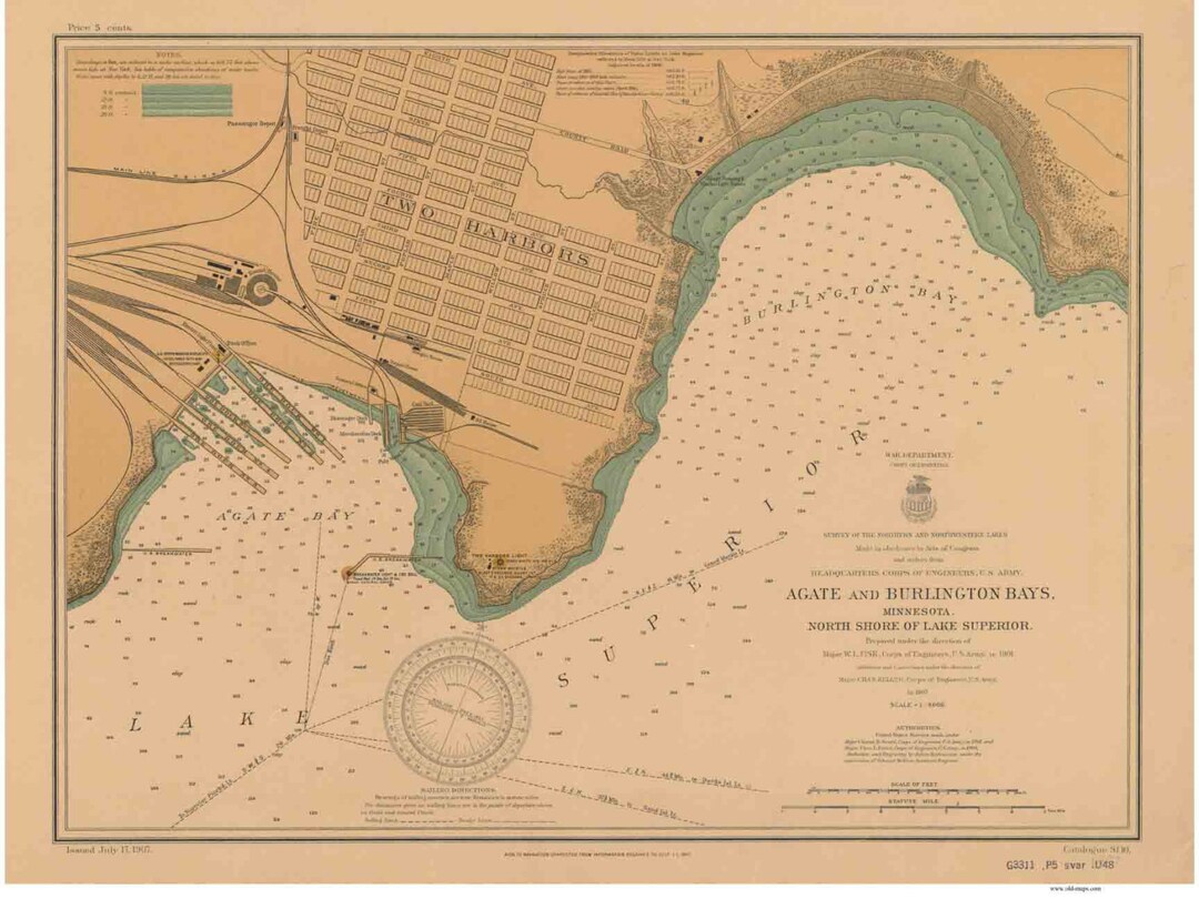 Agate Bay and Burlington Bays 1907 - Lake Superior, Minnesota Nautical ...