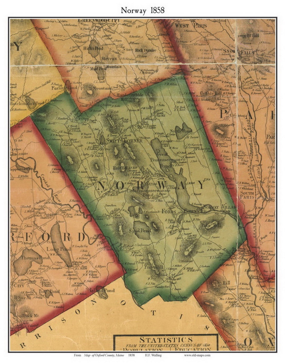 Norway 1858 Old Town Map With Homeowner Names Maine - Reprint Genealogy ...
