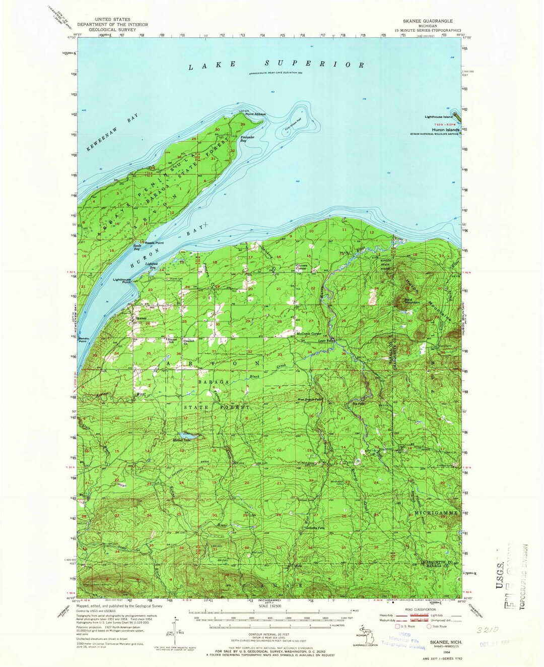 Skanee 1954 1966 Old Topo Map Huron Bay Keweenaw Bay Lighthouse Island ...