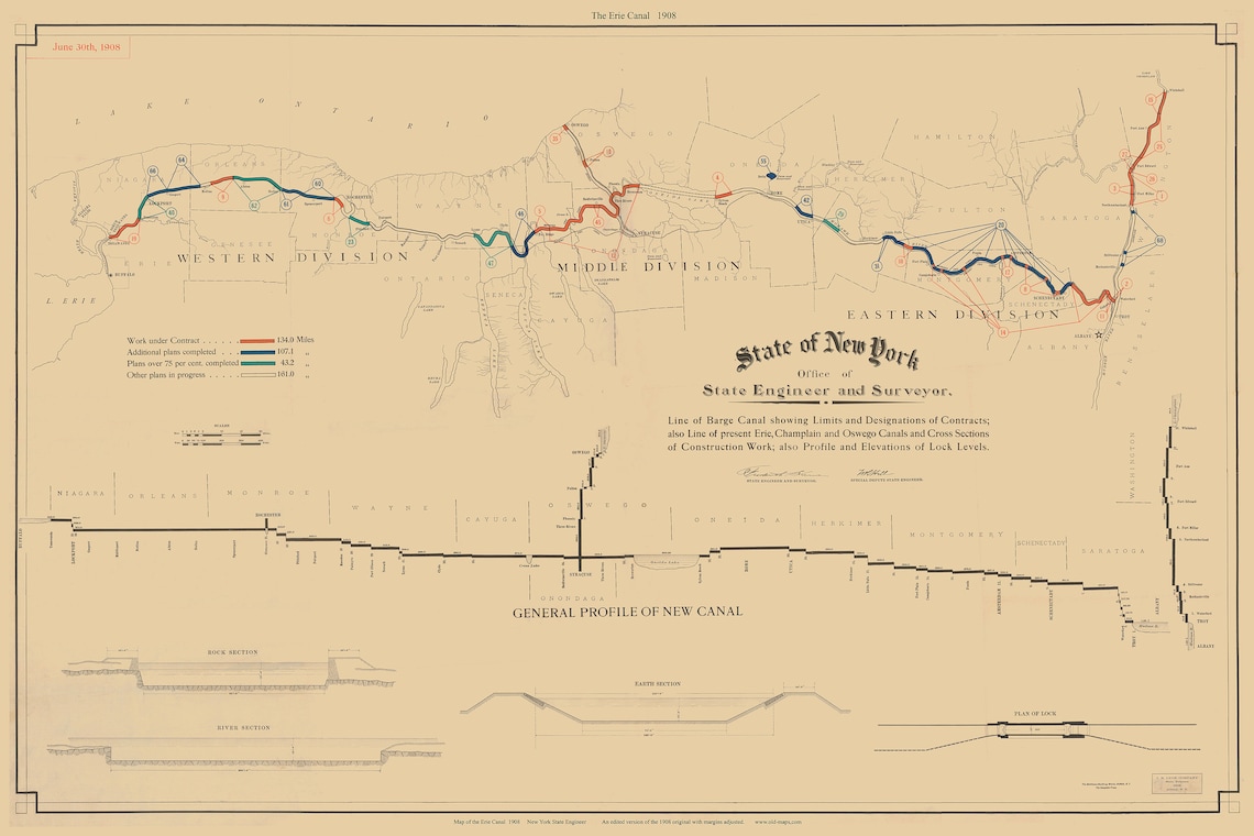 Erie Canal 1908 Old Map Reprint New York Regional Canals - Etsy