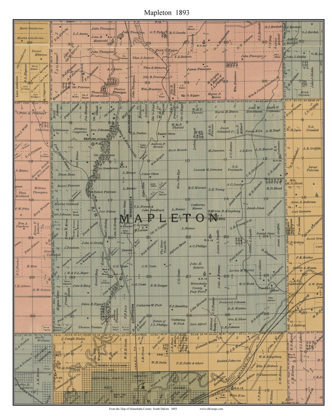 Mapleton 1893 Old Town Map With Homeowner Names South Dakota Minnehaha ...