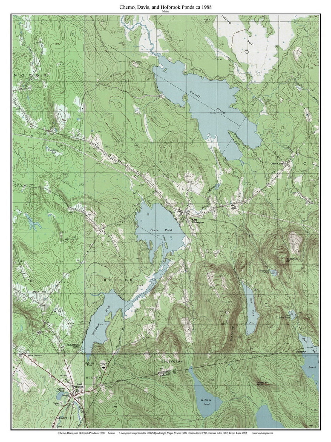 Chemo, Davis, and Holbrook Ponds 1988 Topographic Map USGS 7x7 Custom ...