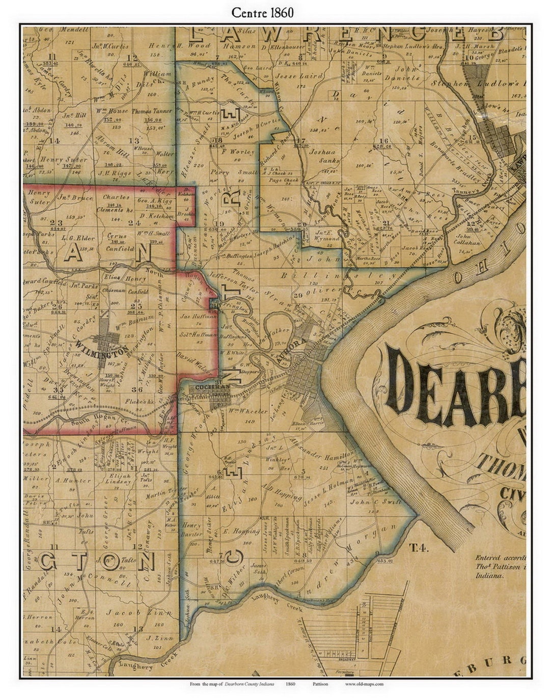 Centre 1860 Old Town Map With Homeowner Names Indiana Aurora Cochran ...