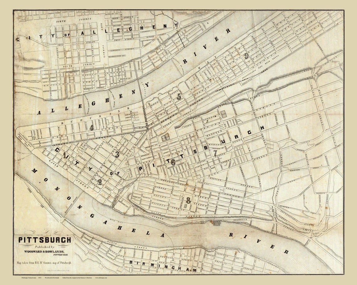 Pittsburgh 1852 Old Map Reprint Roads Placenames - Etsy
